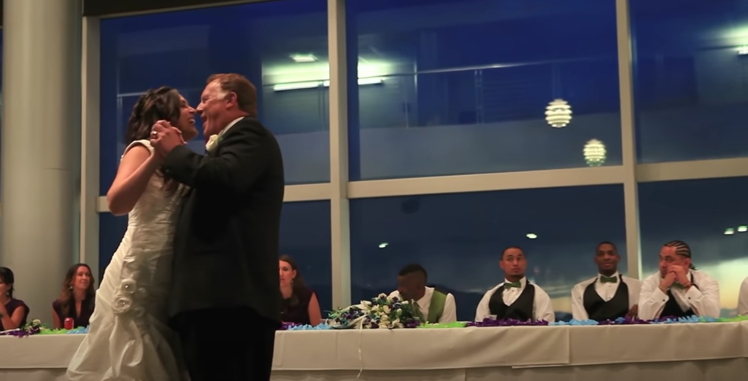 Daddy-daughter duo lets loose in front of guests when Bee Gees song ...