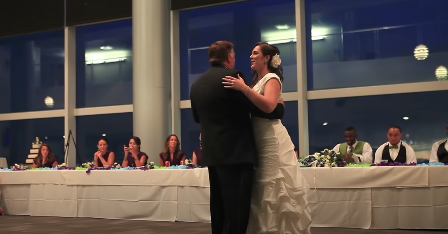 Daddy-daughter duo lets loose in front of guests when Bee Gees song ...