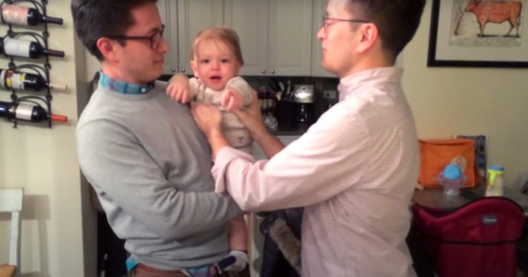 Baby hilariously confused by dad’s identical twin