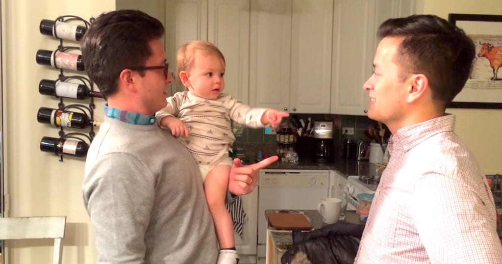 Baby hilariously confused by dad’s identical twin