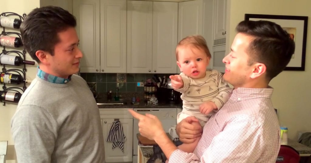 Baby hilariously confused by dad’s identical twin