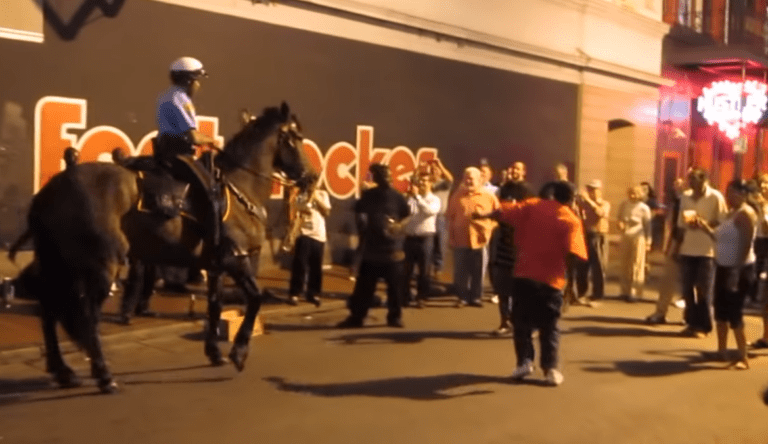 Police horse hears music and shows off dance moves in street