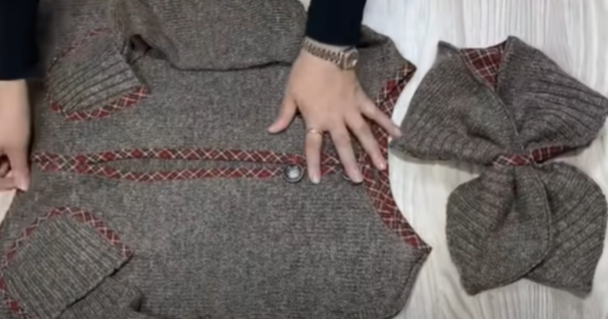 Woman repurposes old sweater into a seriously cute outfit